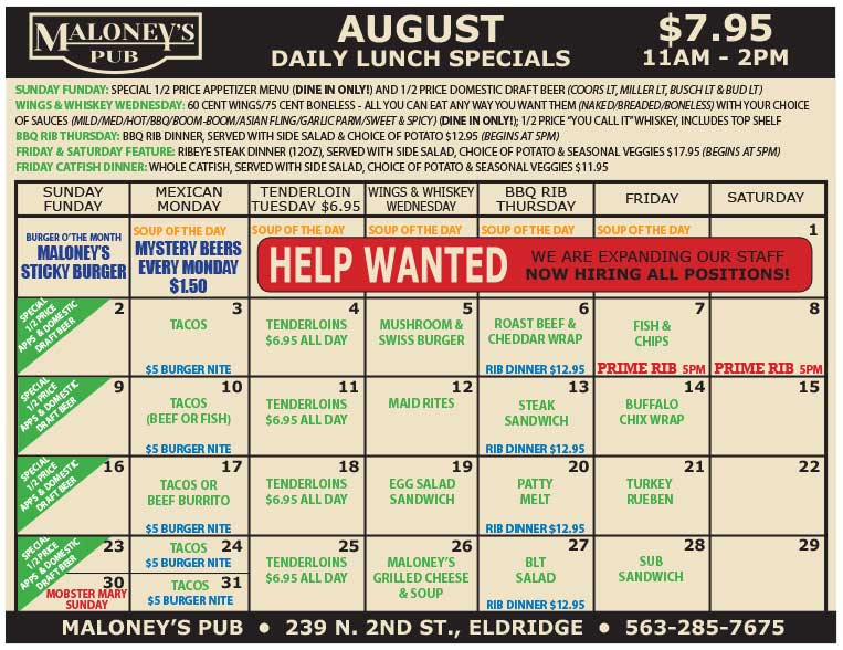 Lunch Specials At Maloney's Pub | Eldridge, IA | A Family-Friendly Place